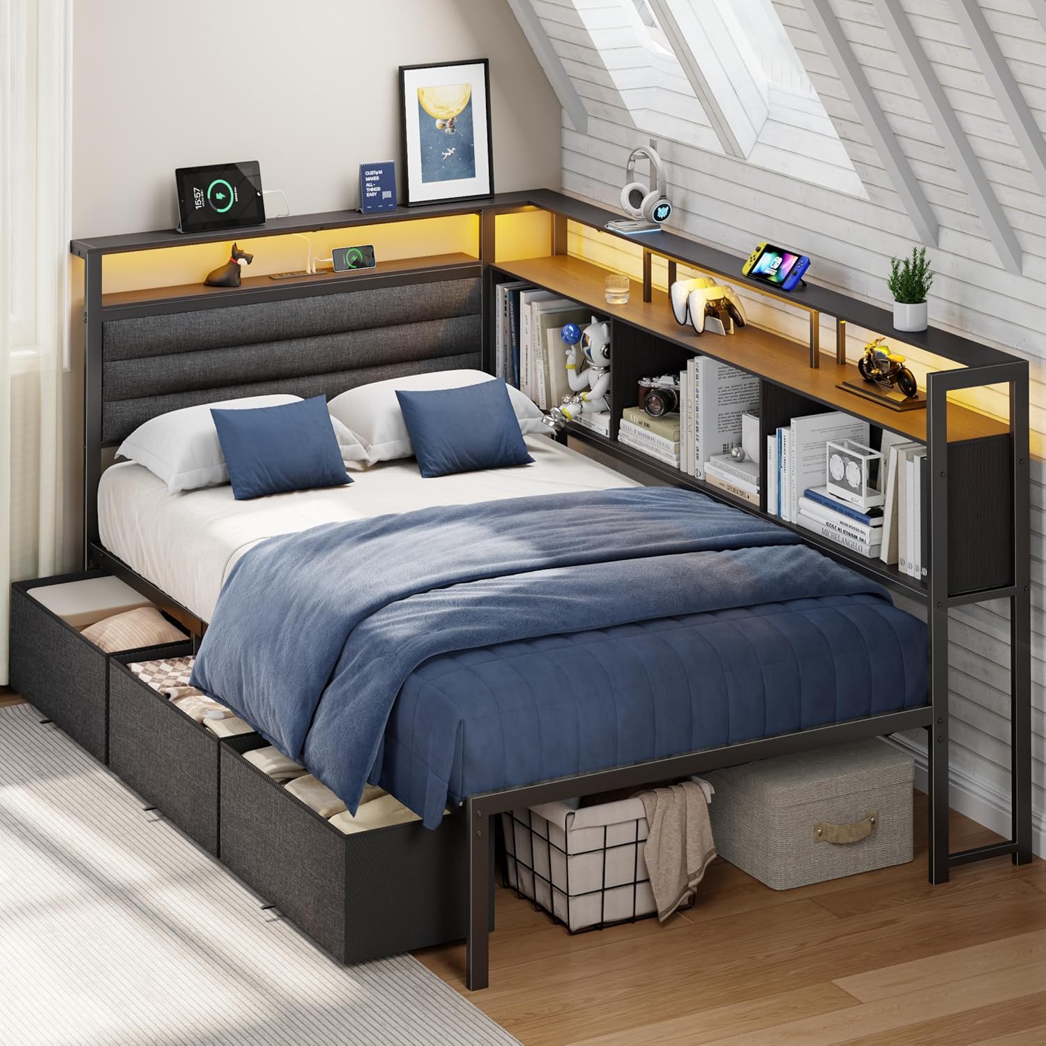 Corner Bed Frame with Storage Bookcase and LED Lights, Twin Size Bed F
