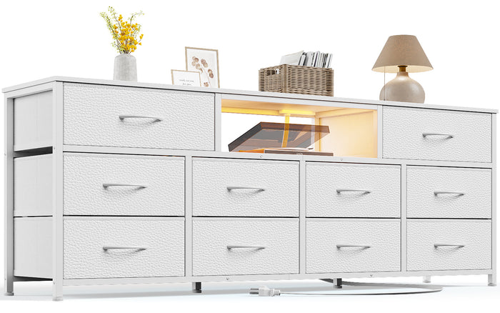 Wide White Dresser 10 Drawers TV Stand for 75 Inch TV with LED Lights