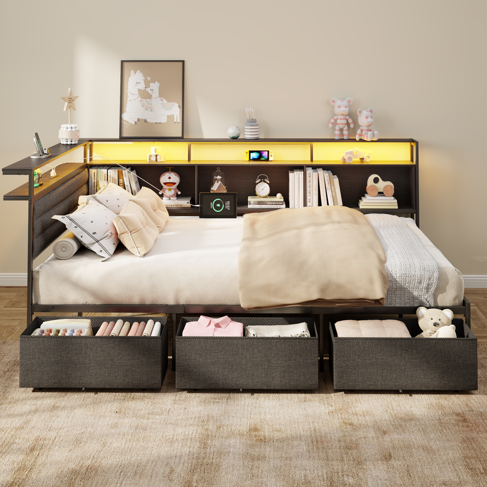 Modern Black Full Size Bed Frame Corner Design LED Lights Storage Draw